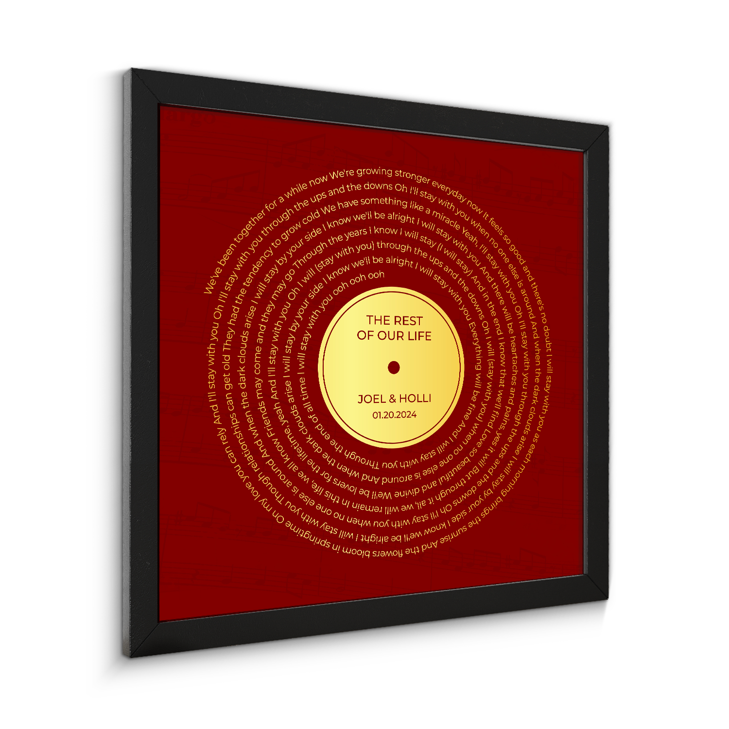 Personalized Gold Song Lyrics Framed Art Print, Maroon Vinyl Record