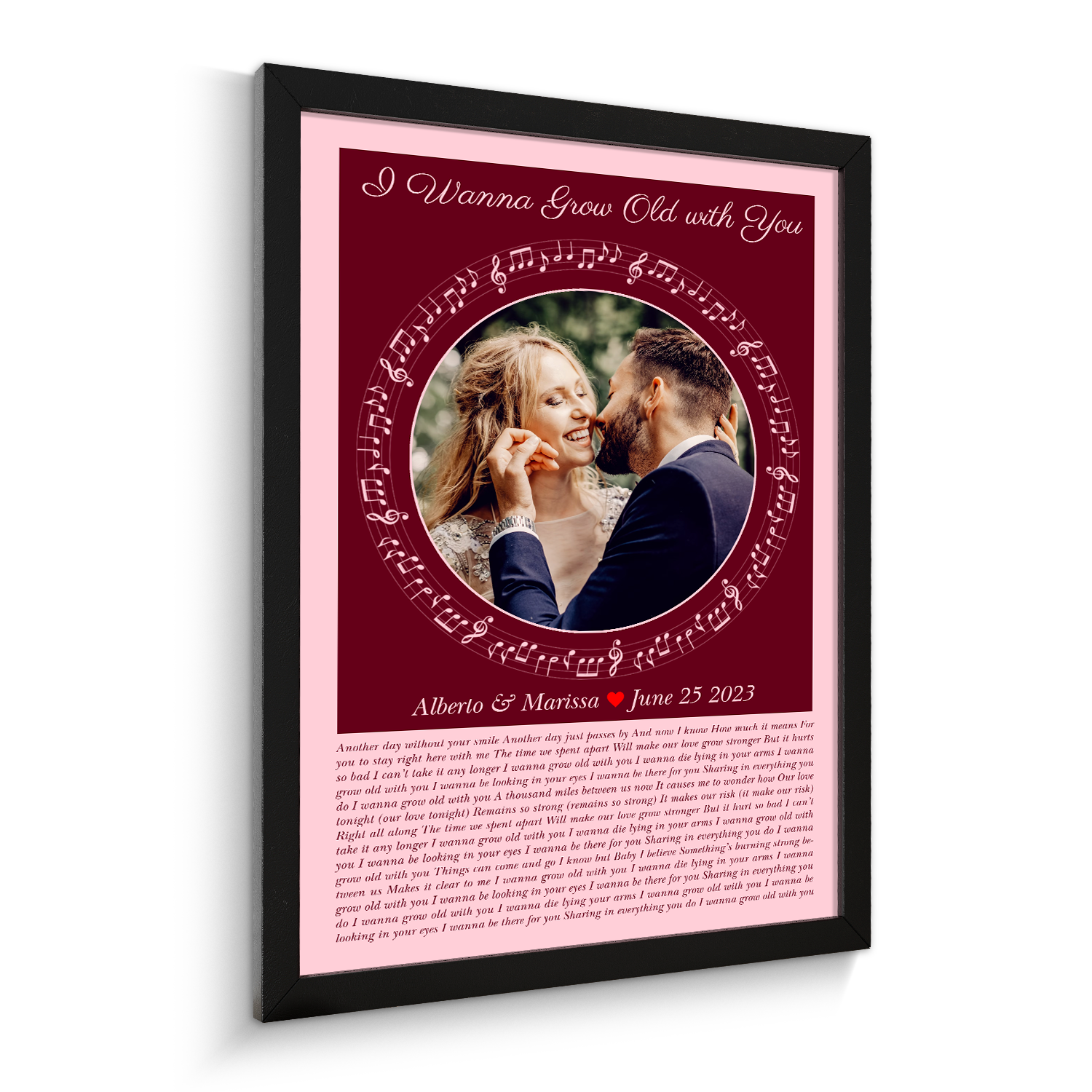 Circular Photo Tickled Pink Framed Art Print, Custom Song Lyrics