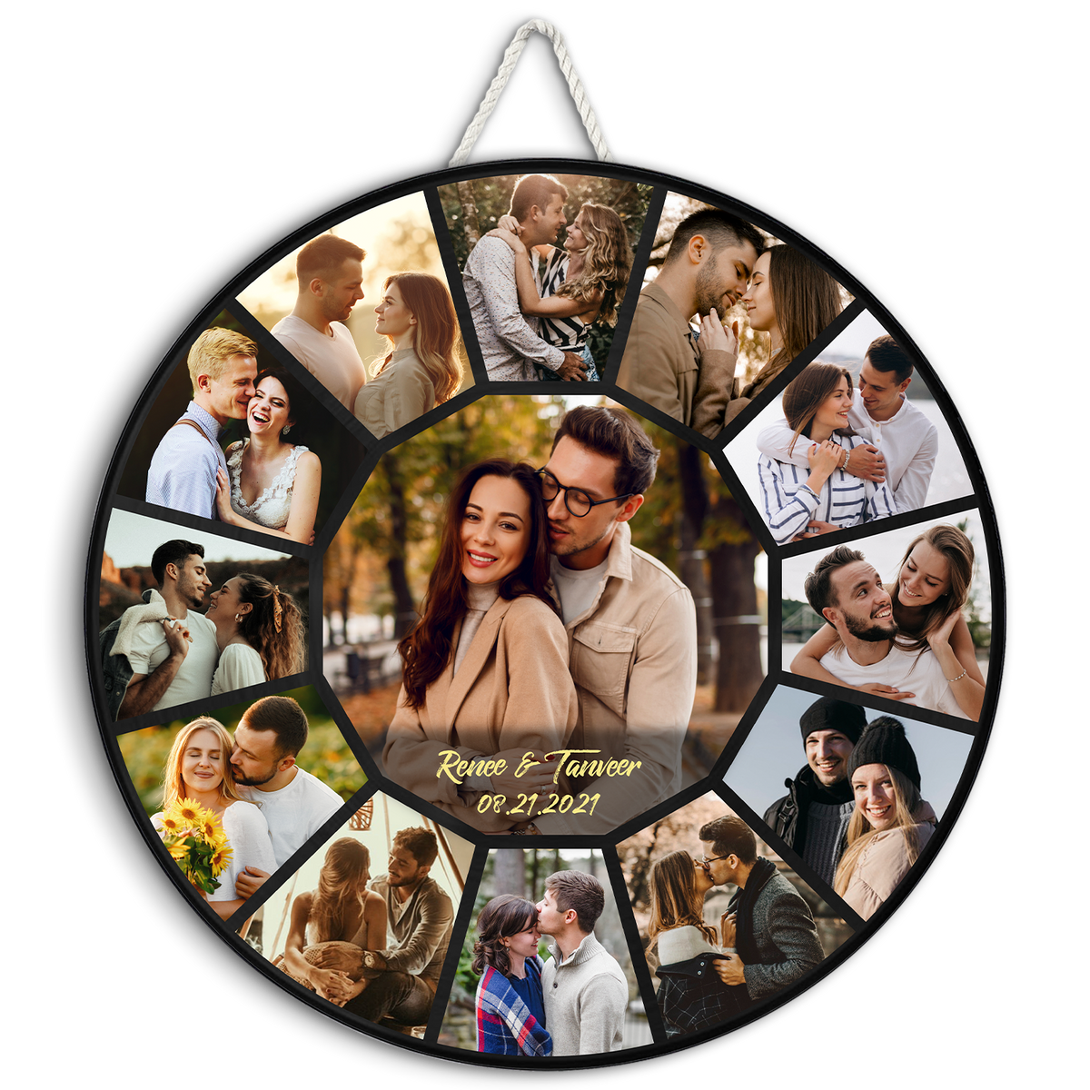 Custom Photo Collage, Customizable Name And Date, Round Wood Sign