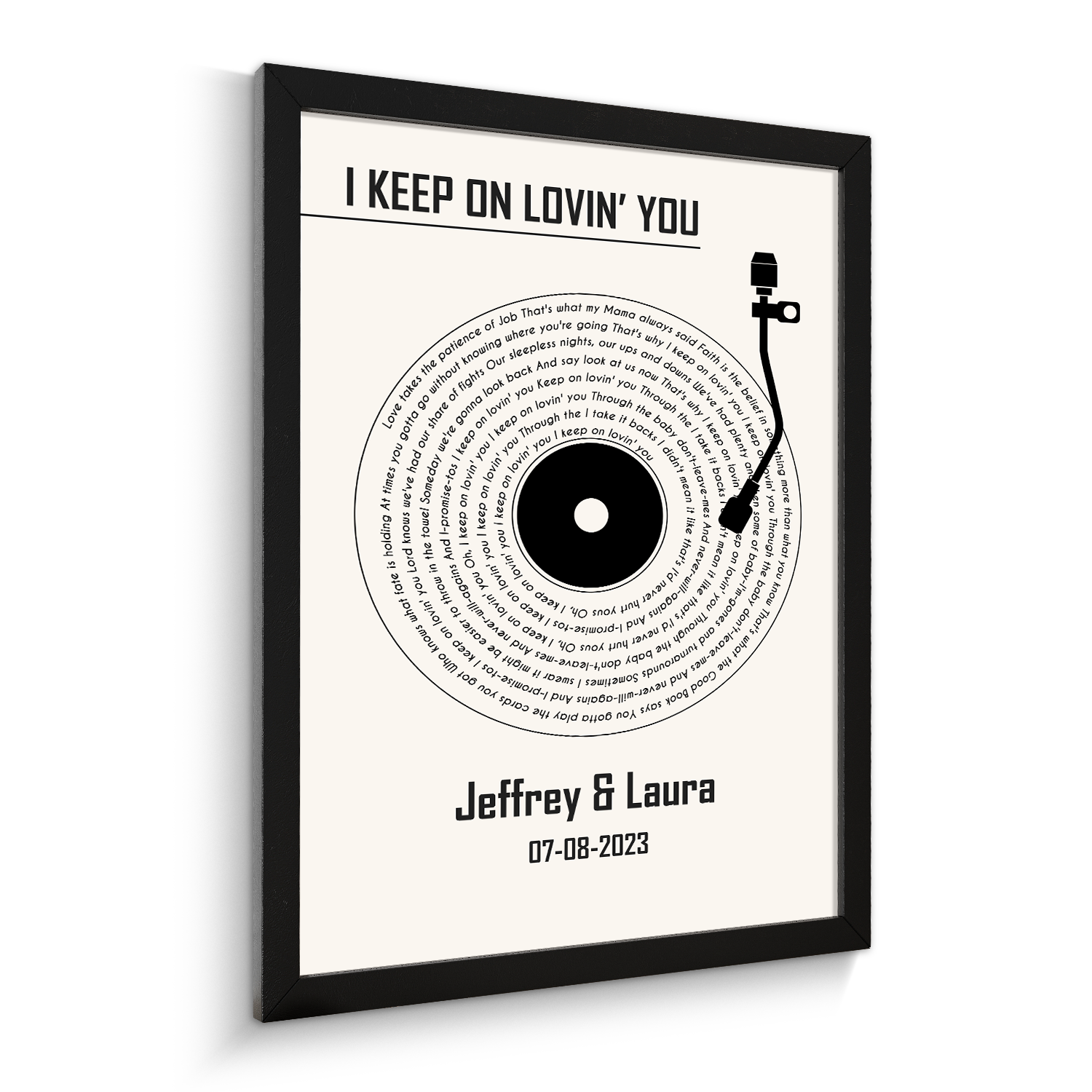 White Vinyl Record Framed Art Print, Custom Name & Song Lyrics