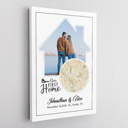 Our First Home Custom Map, Photo And Text White Background Canvas