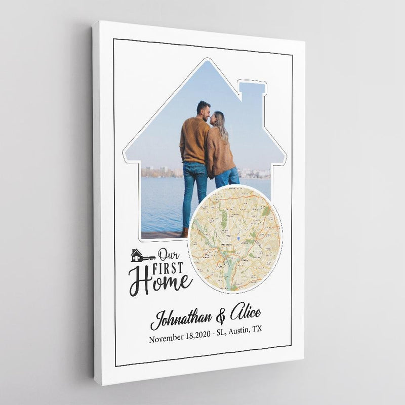 Our First Home Custom Map, Photo And Text White Background Canvas